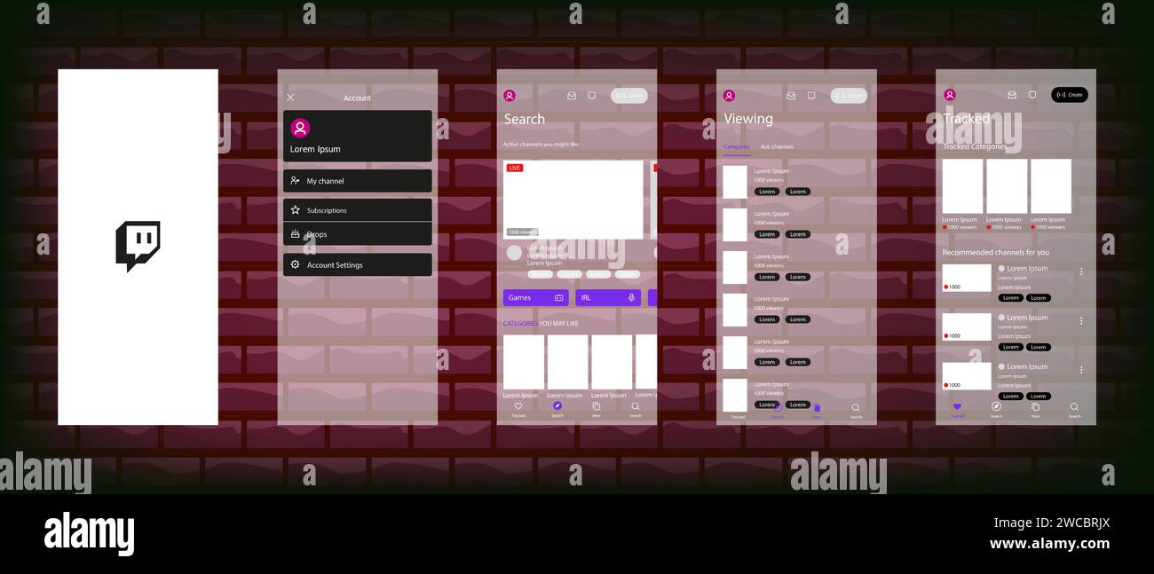 Twitch mobile interface. Twitch screen social media, streaming platform ...