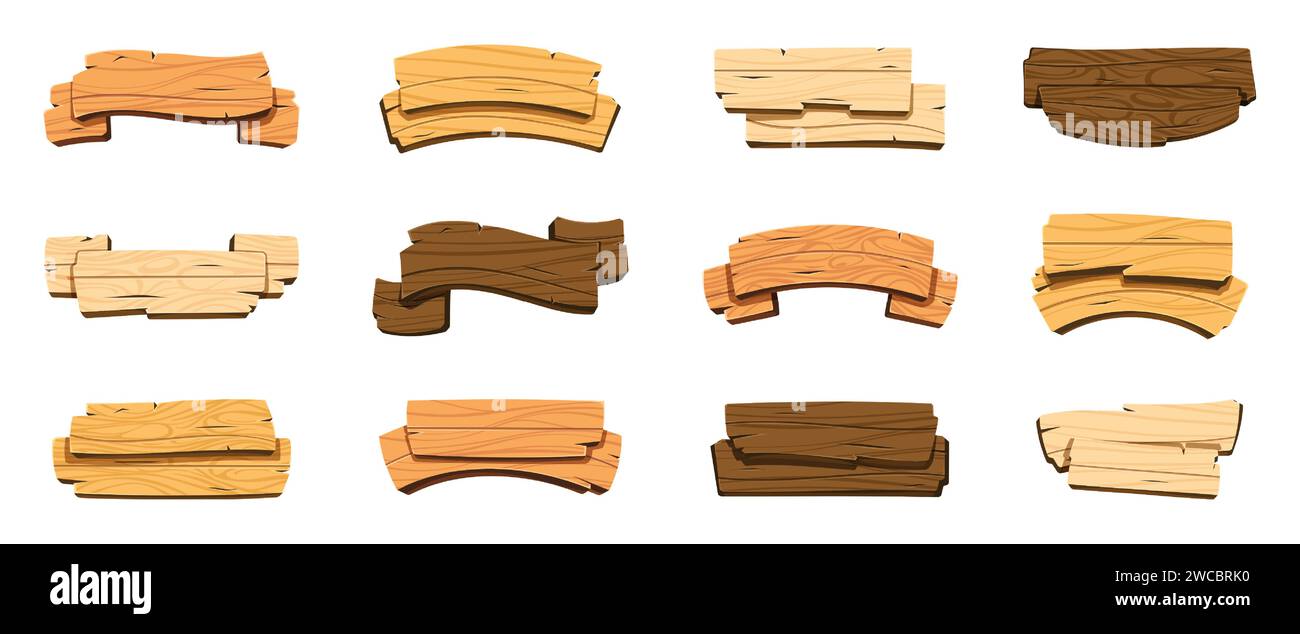 Cartoon wooden banners. Blank hardwood signboard frames, retro game ...