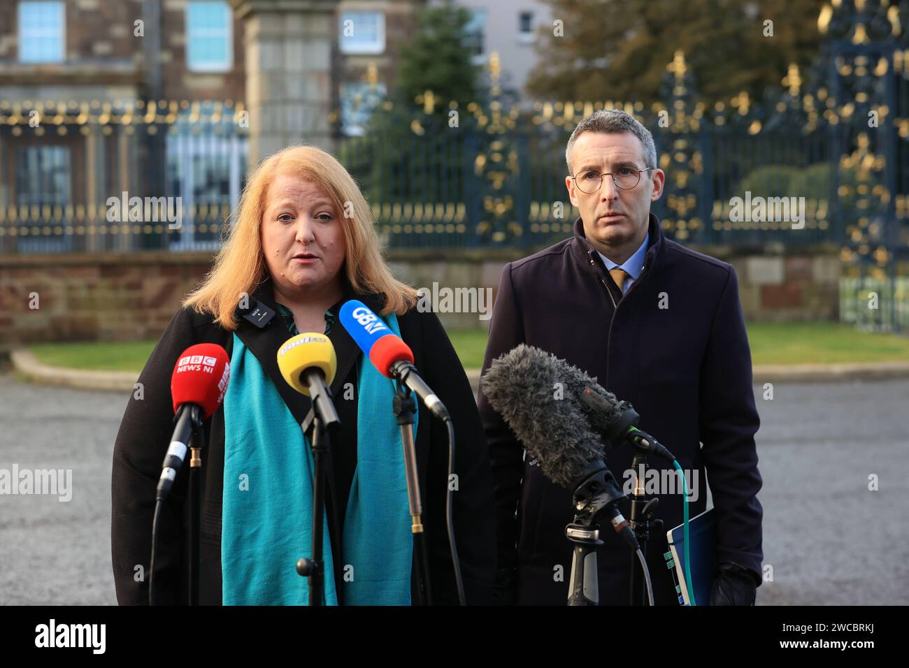Alliance Party leader Naomi Long with party colleague Andrew Muir speak ...