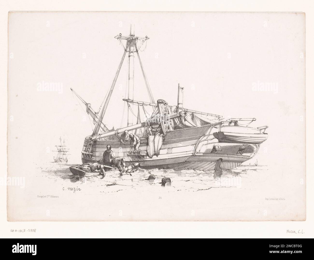 Sailing ship in the water, Charles Louis Mozin, 1850 - 1884 print Paris ...