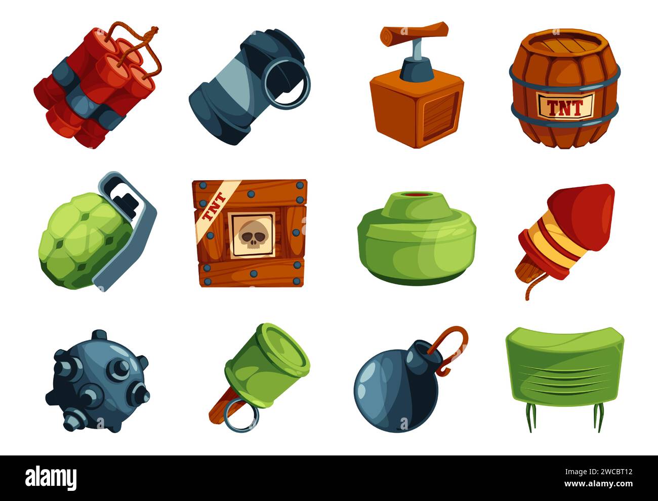 Bombs game ui icons. Cartoon dynamite, grenade, tnt and firecracker ...