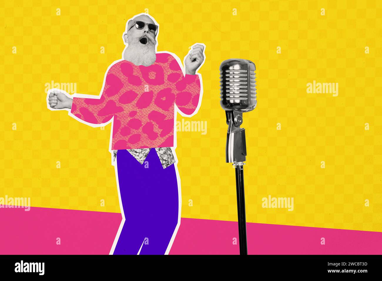 Collage image of overjoyed black white effect grandfather dance sing ...