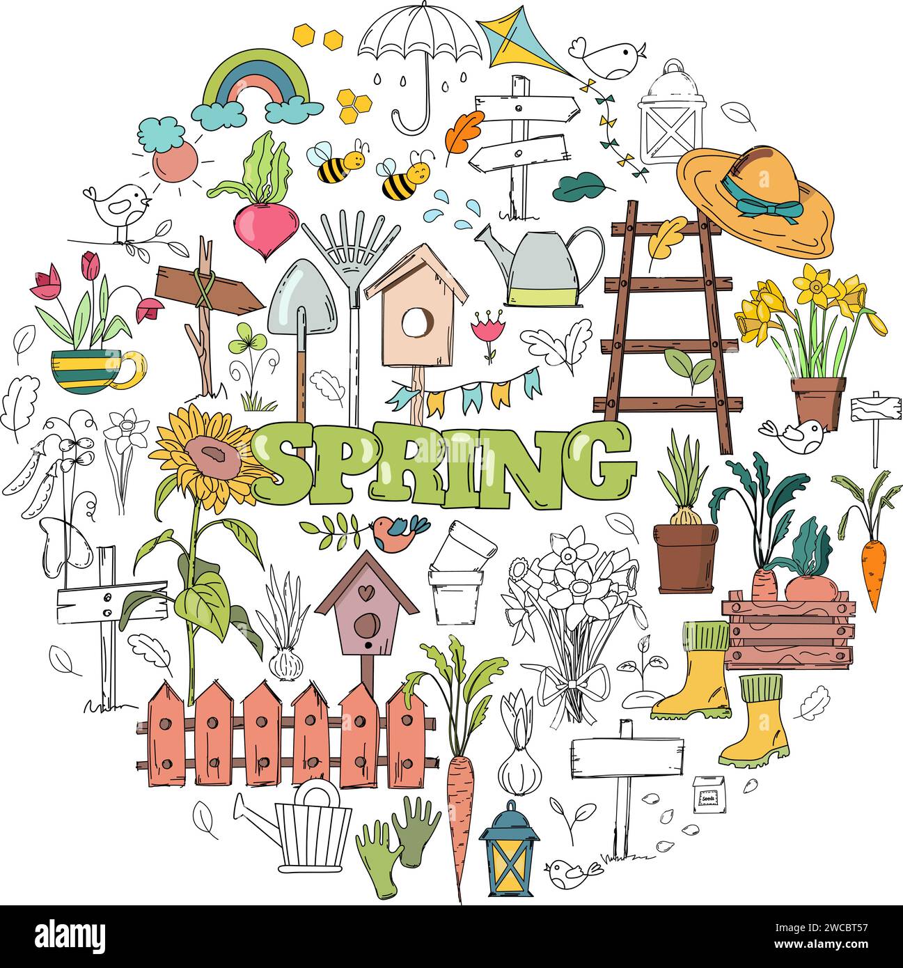 Hand-Drawn Vector Set Of Doodles On A Spring Theme, Featuring Flowers ...