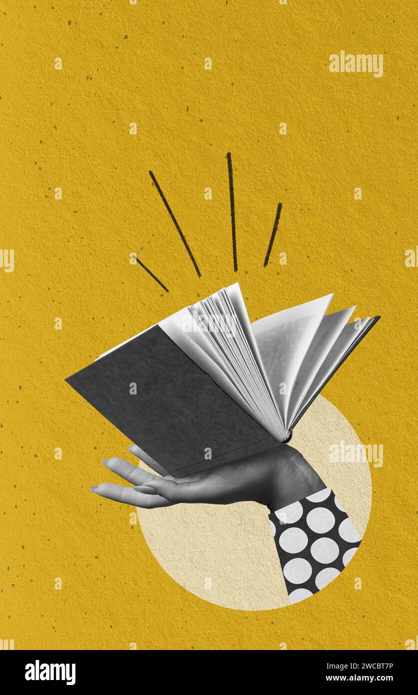 Contemporary art collage. Human hand holding open book over yellow ...