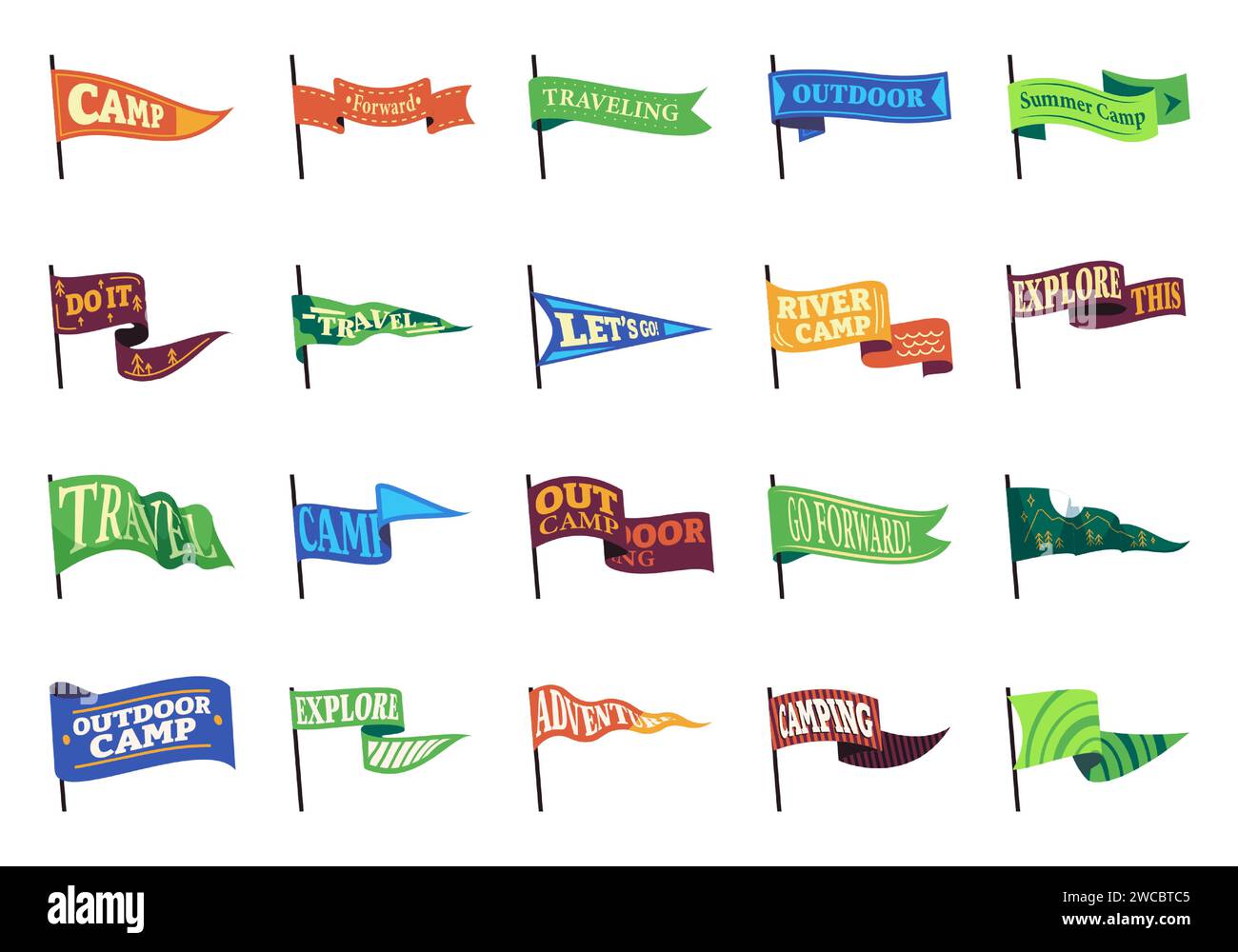 Camping pennant flags. Summer hiking expedition patch, wilderness ...