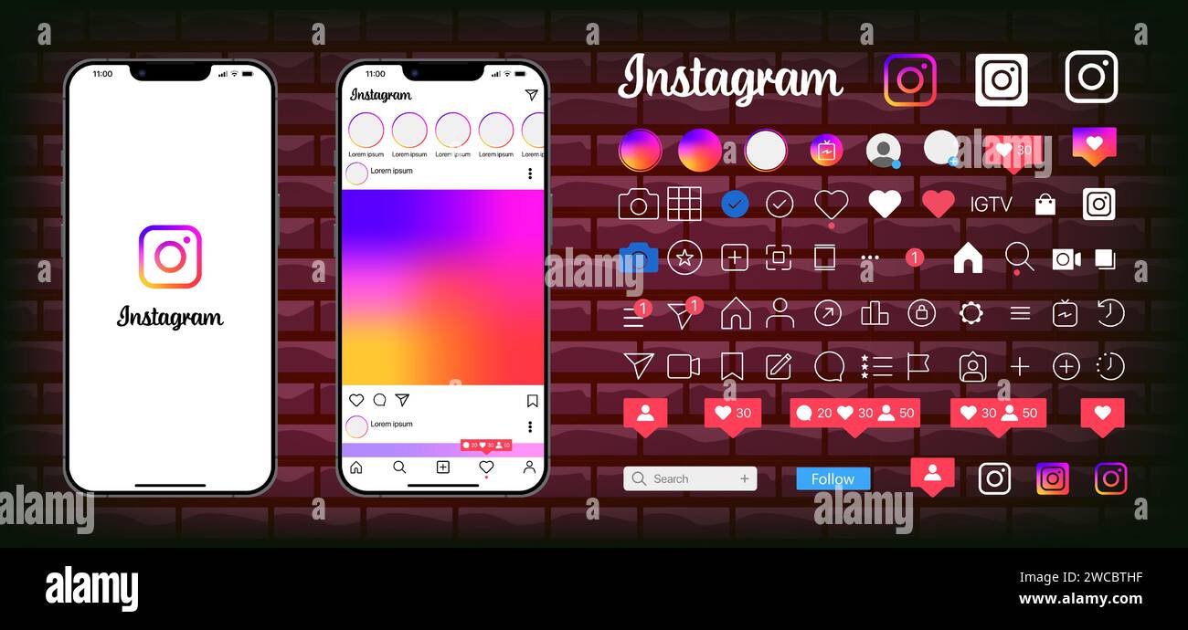 Instagram template app screens on Apple Iphone vector set. Realistic ...
