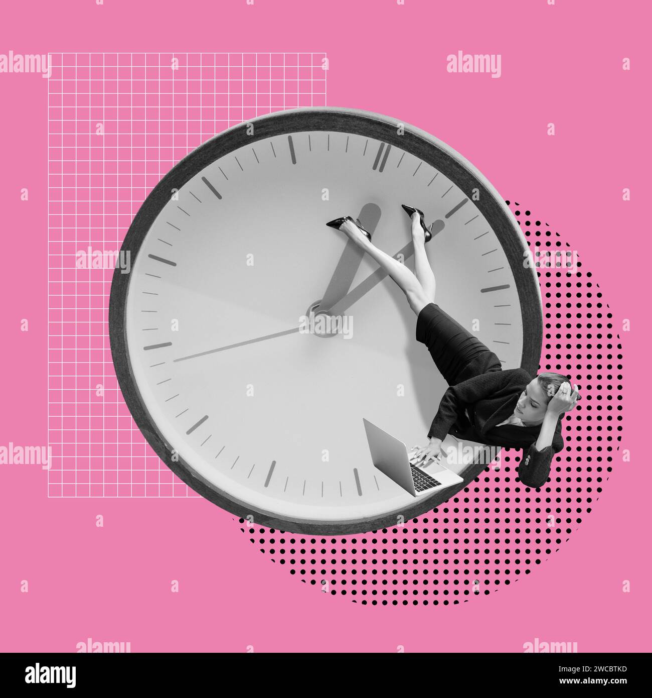 Young woman, employee lying on clock and working n laptop. Deadlines ...