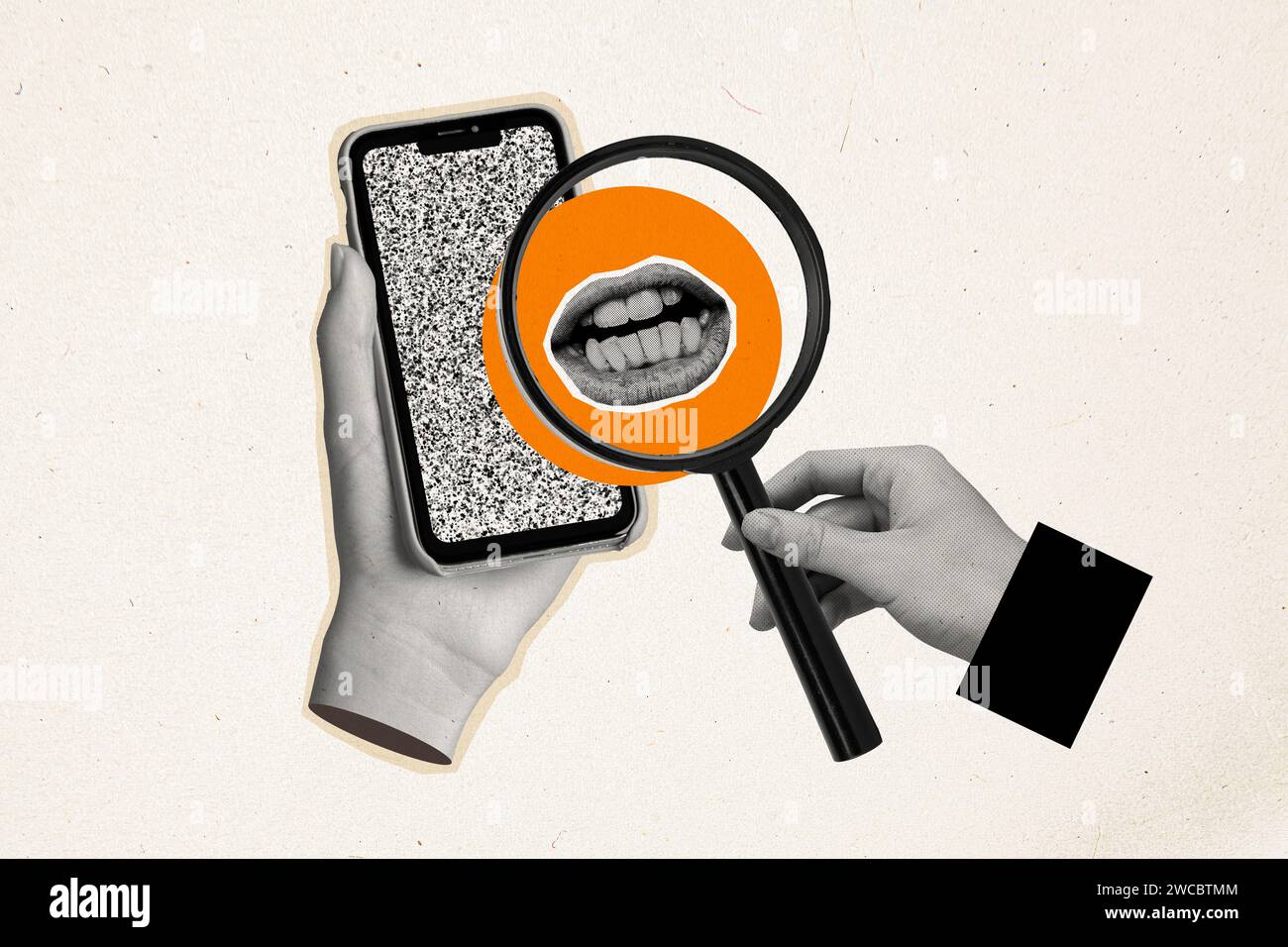 Horizontal weird surreal photo collage poster of human hands hold ...