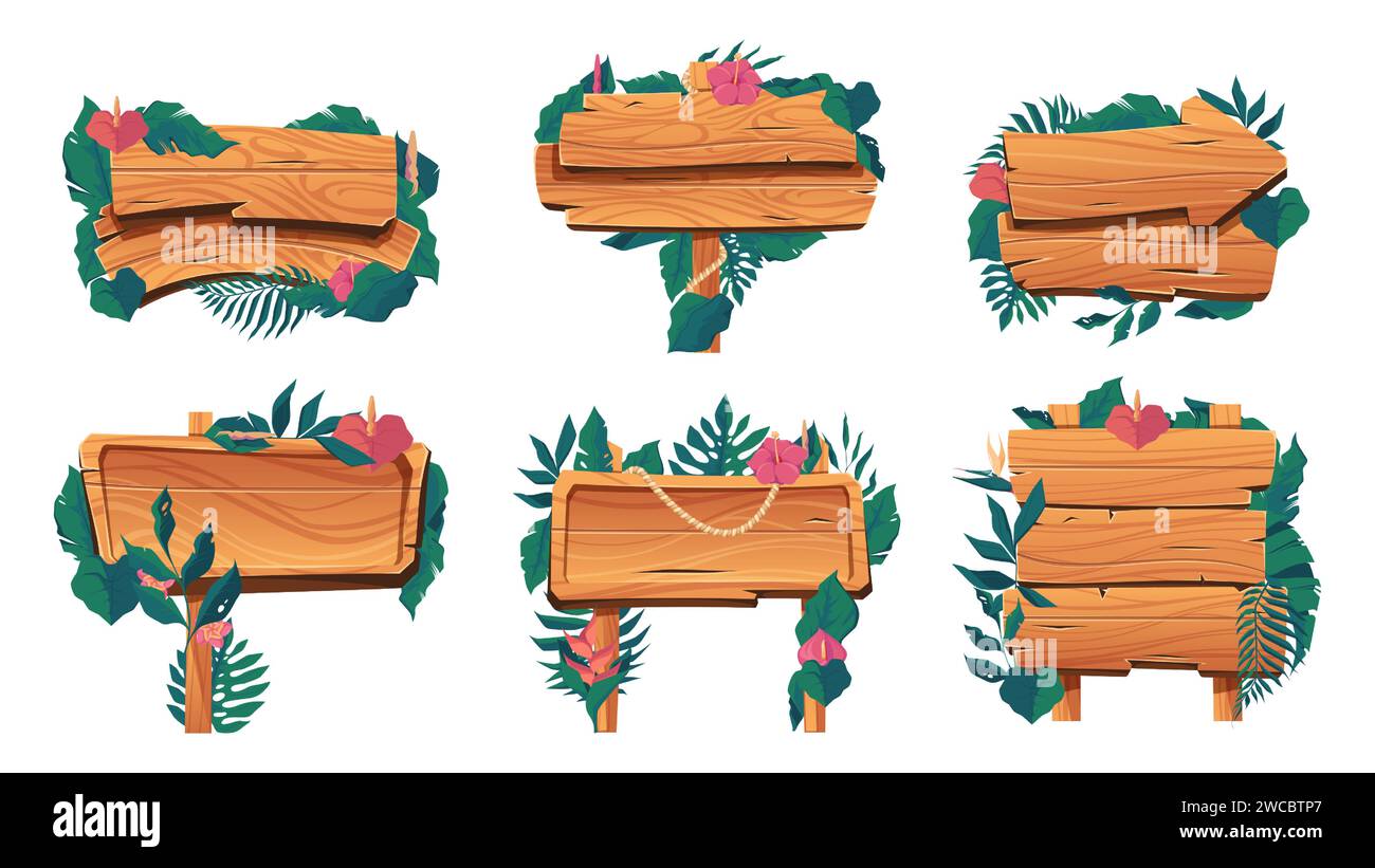 Wooden banners with plants. Exotic floral directional signs, nature ...