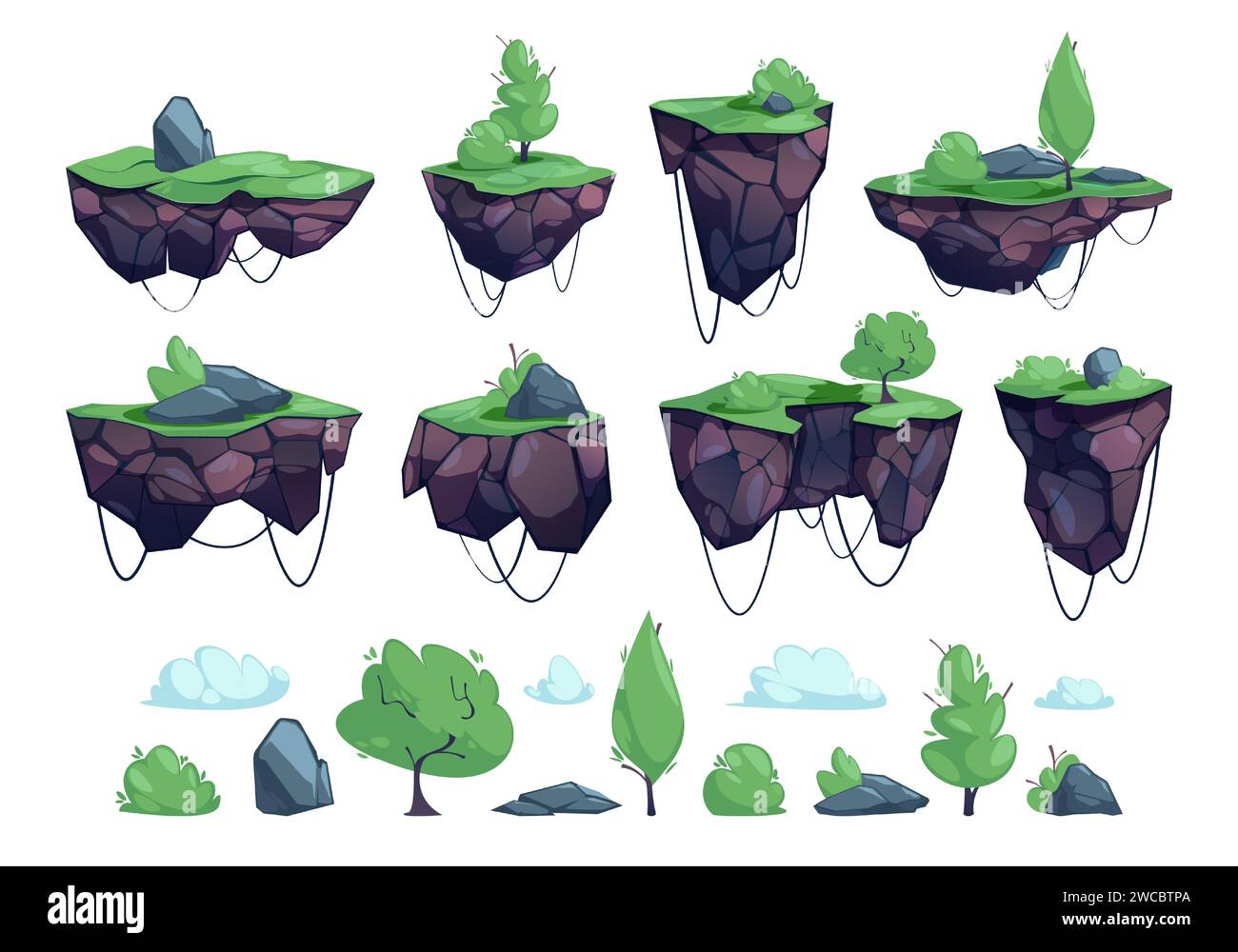 Floating game ground. Cartoon rock grass water river and air, floating ...