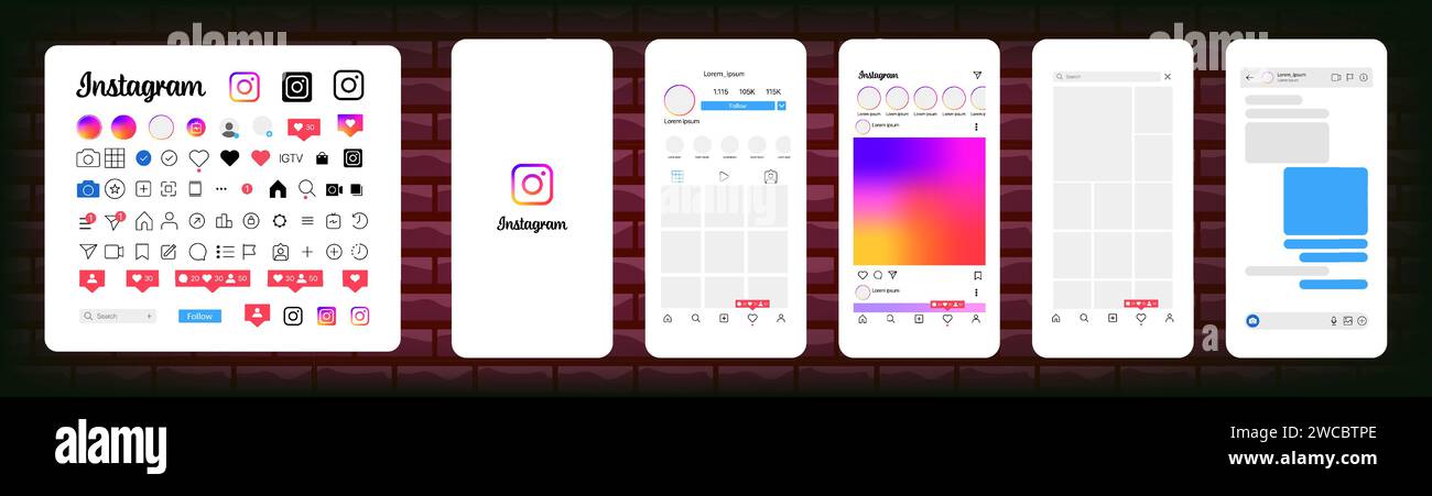 Instagram design. Set instagram screen social media and social network interface template ...