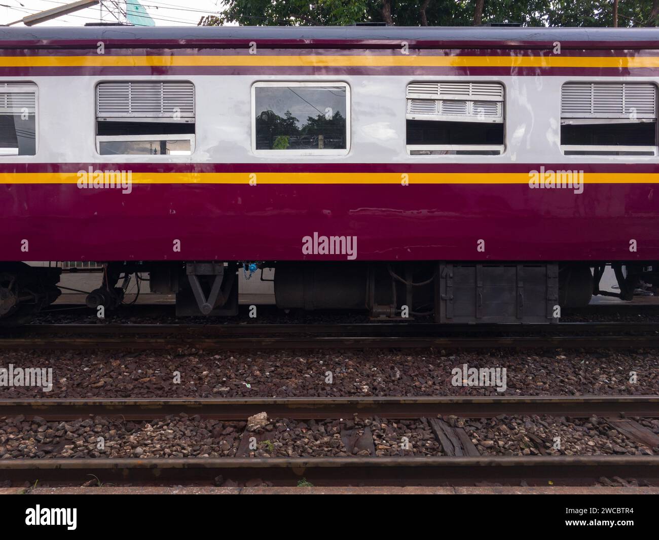 The side view of the bogie third class carriage of the ordinary train ...