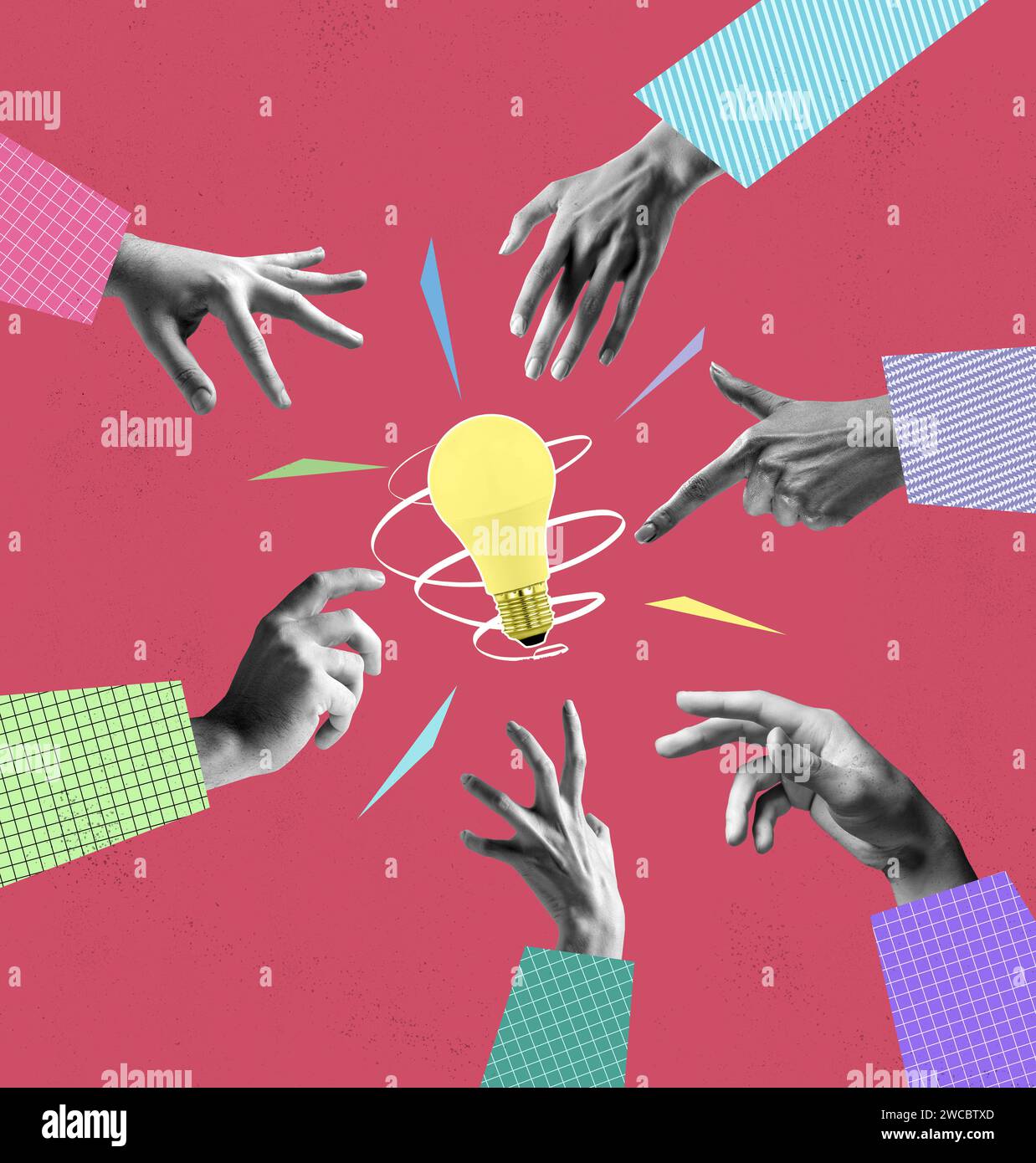 Teamwork and collaboration. Human hands reaching lightbulb symbolizing ...