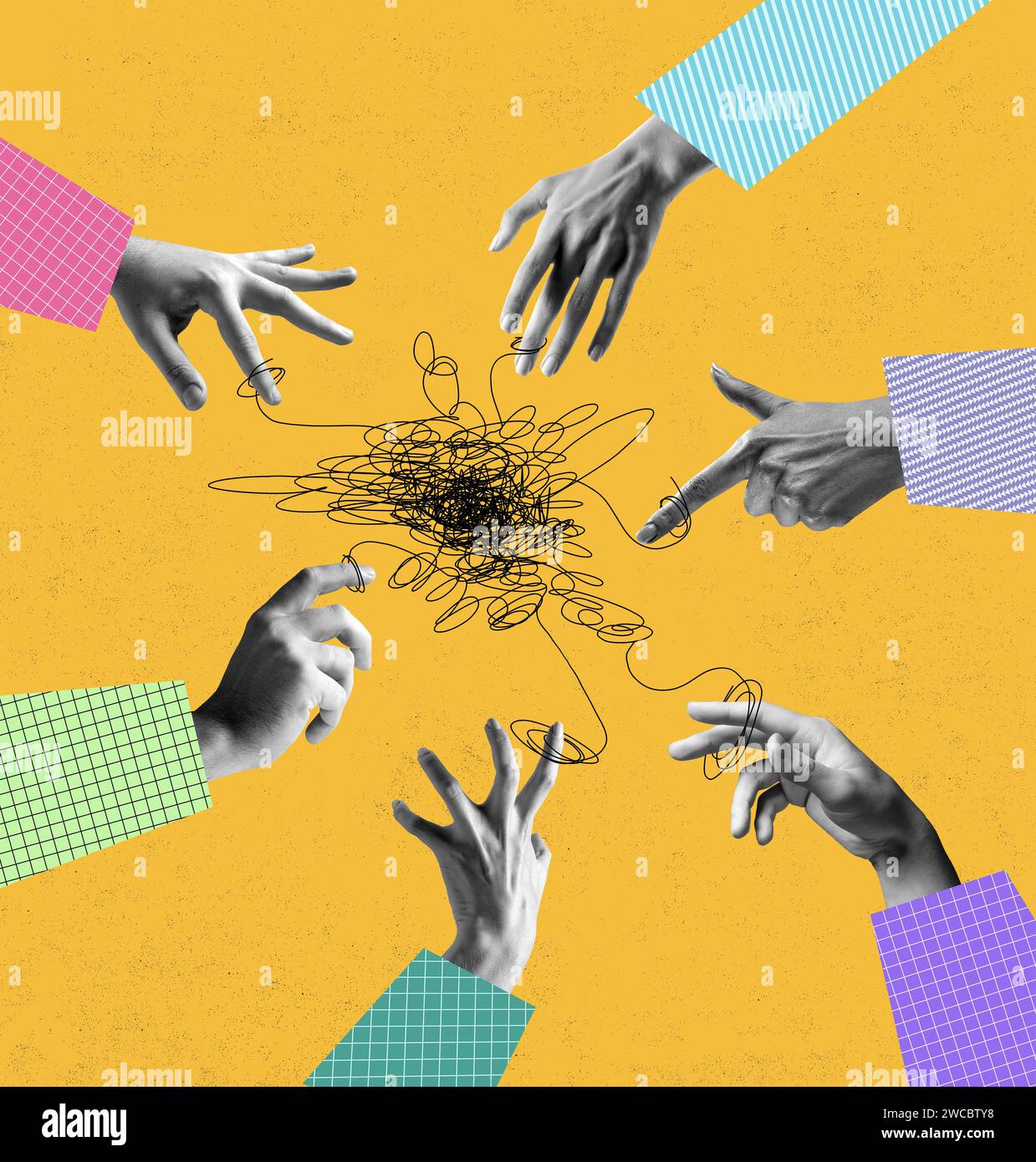 Human hands pointing at tangled drawn piece symbolizing work on ...