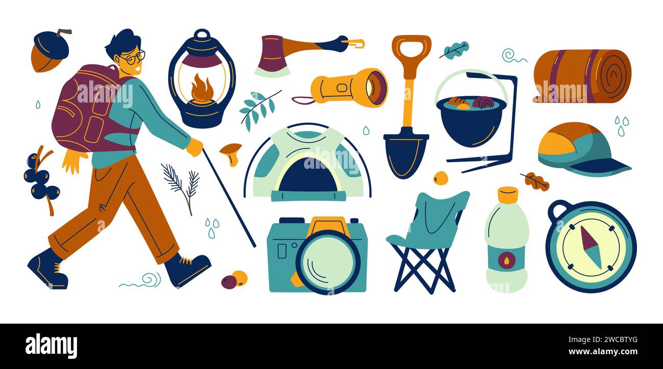 Hiking and camping equipment. Cartoon mountain trekking and campfire ...