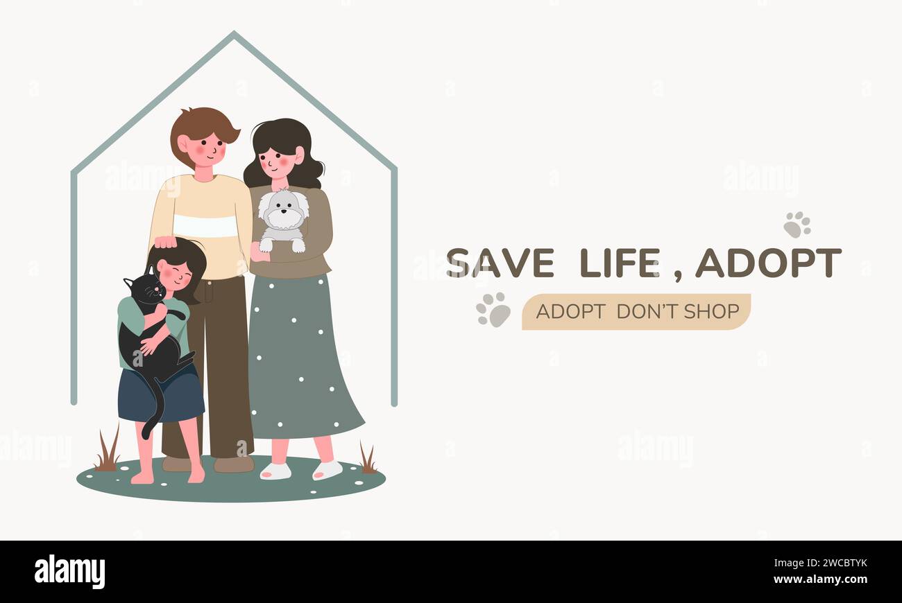 Happy family adopting dog. Little girl greeting new friend. Charity and ...