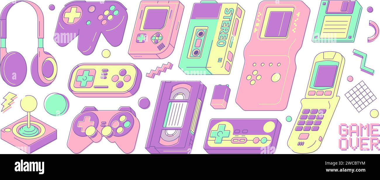 Retro electronic devices. Vintage gadgets and retro technology, film ...