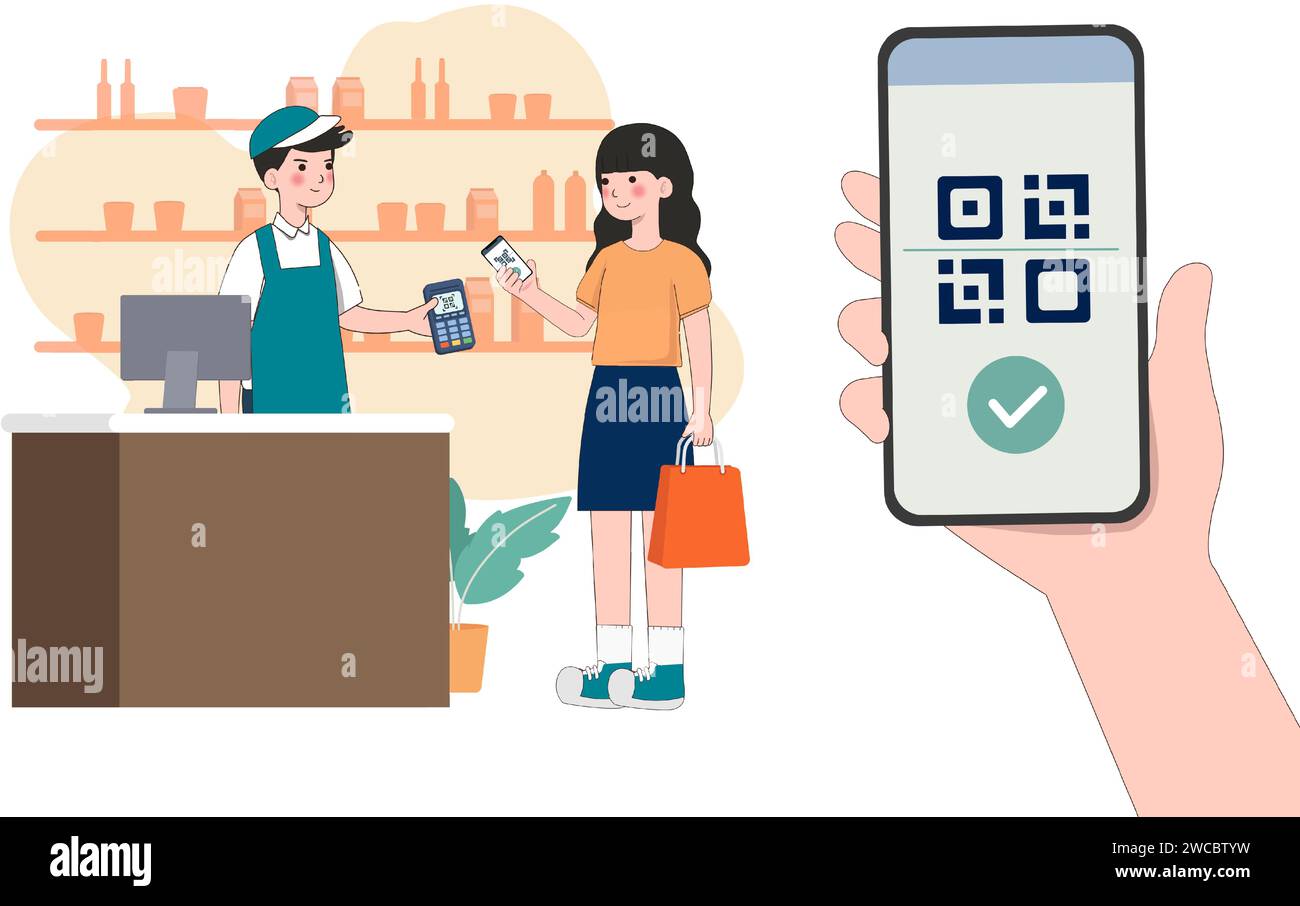 Cashless payment system. woman use mobile cashless payment system or scan qr code. Characters ...