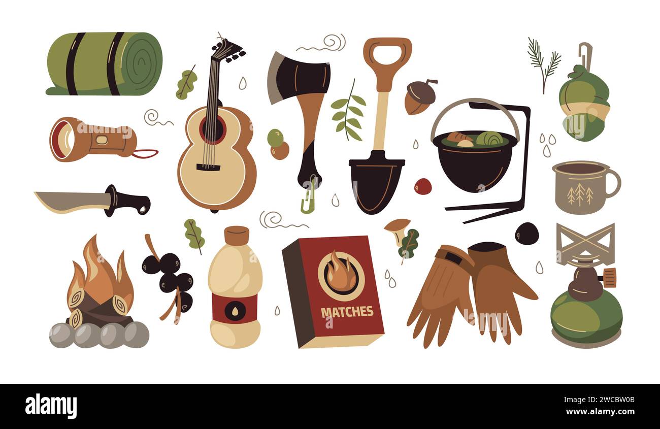 Expedition equipment. Cartoon trekking and hiking tools and stuff ...