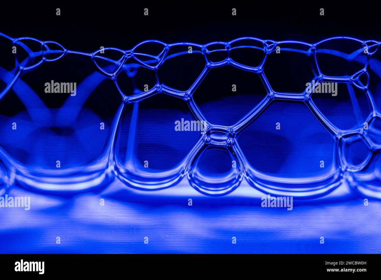 A vibrant display of bubbles on the side of a glass backlit by a blue ...