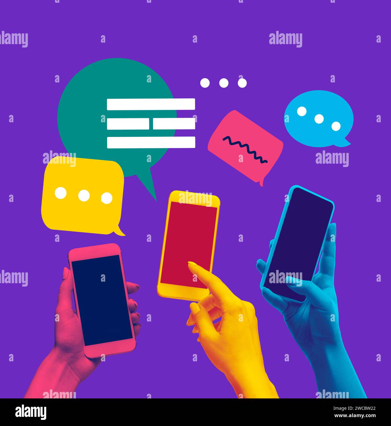 Human hands holding mobile phones with chatting icons. Online ...
