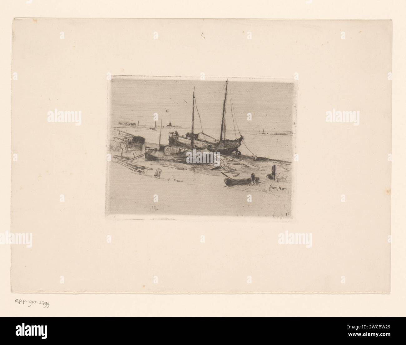 Two ships with swords on the beach, Frans Hens, 1866 - 1910 print paper ...