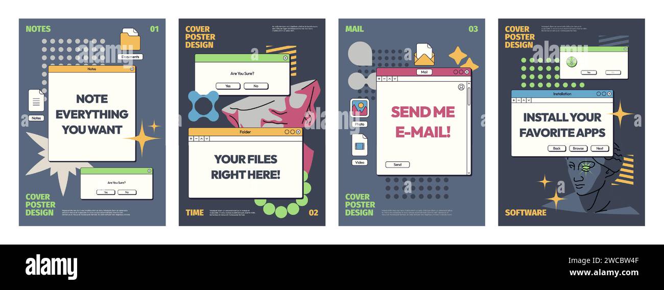 Vaporwave posters. Abstract surrealistic comic hipster style banners ...