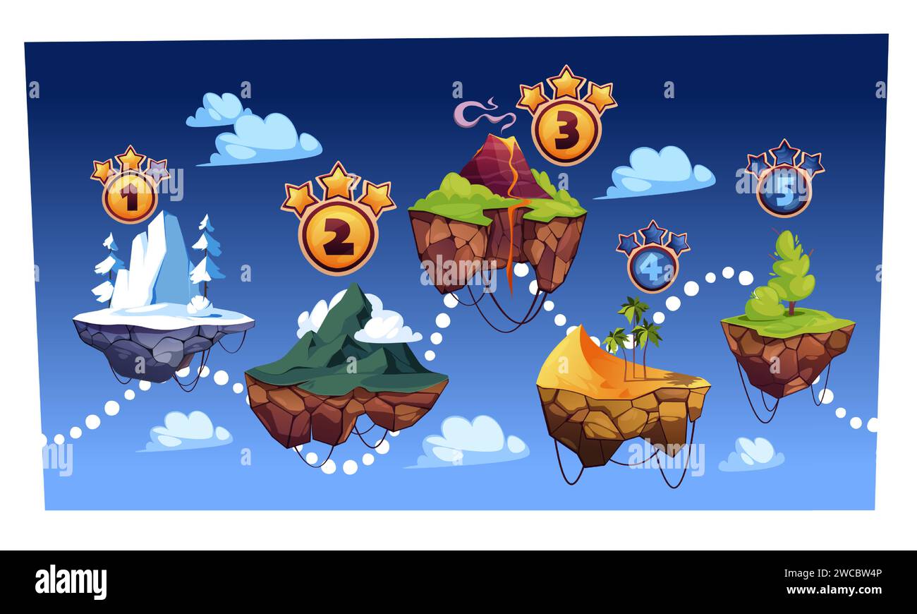 Game level map with floating ground. Screen stage scene with sky, rocks ...