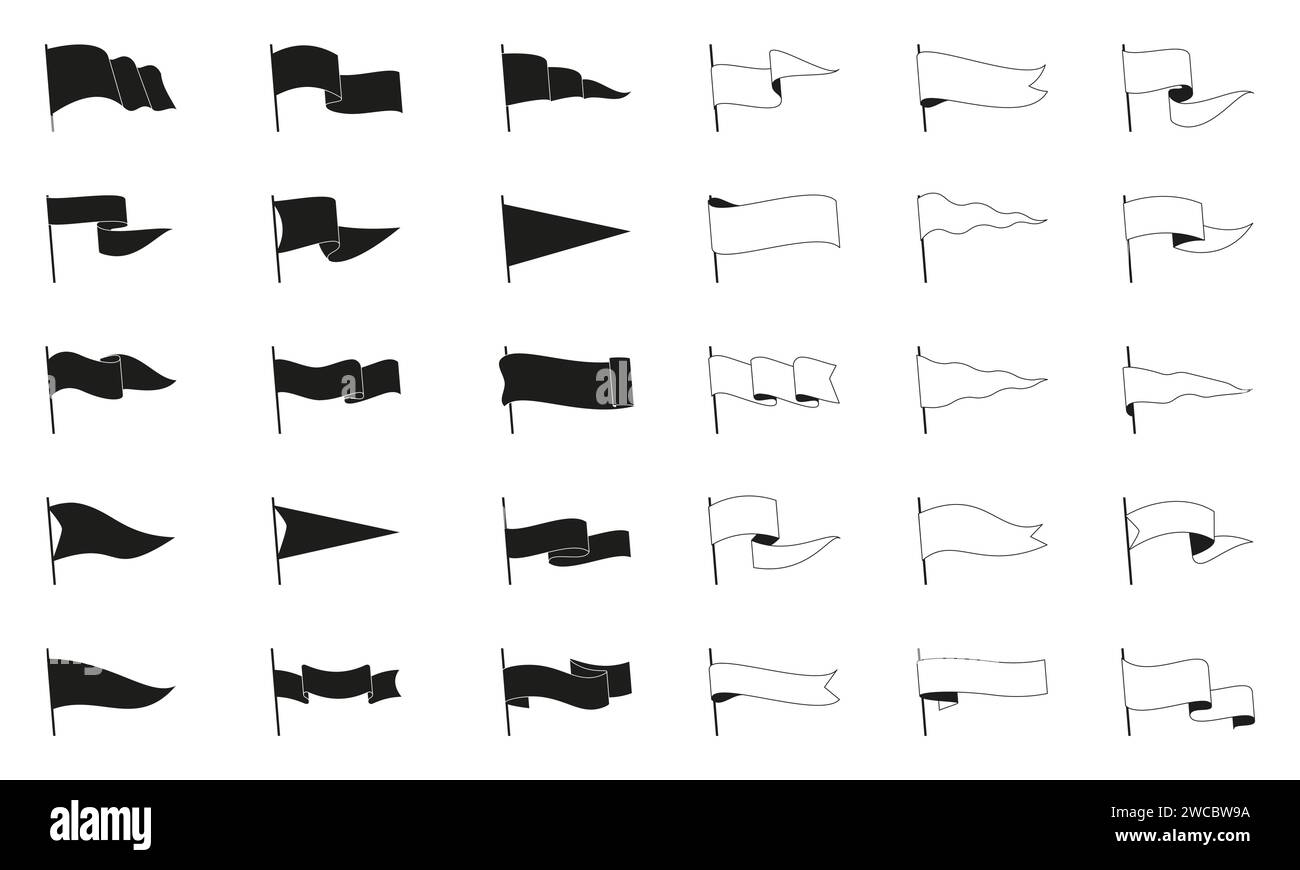 Retro black pennant flags. Outline knight heraldic triangular wavy ...