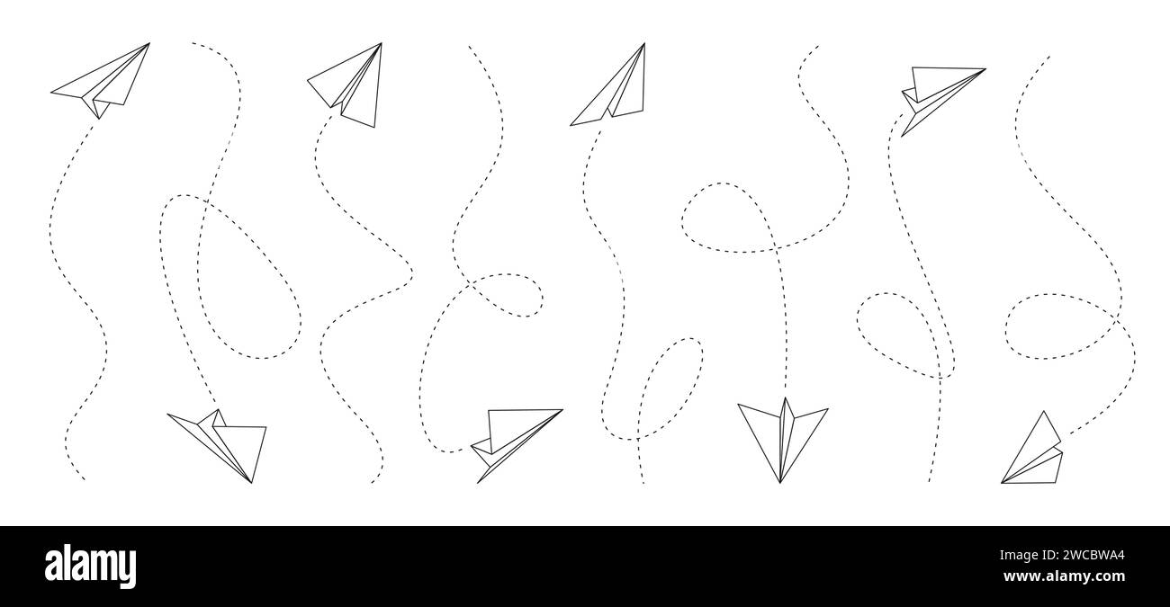 Paper airplane lines. Doodle origami arrows for flight plan route ...