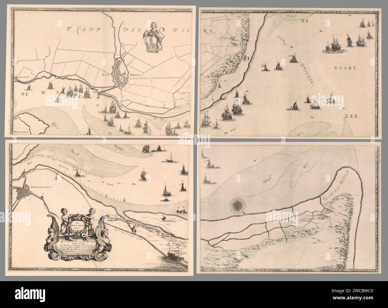 Map of the Maas mouth with postal routes, consisting of four parts ...