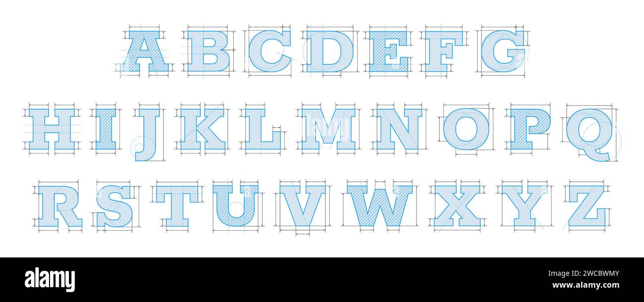 Blueprint font. Modern geometric architectural letters, wireframe ... Blueprint font. Modern geometric architectural letters, wireframe ...