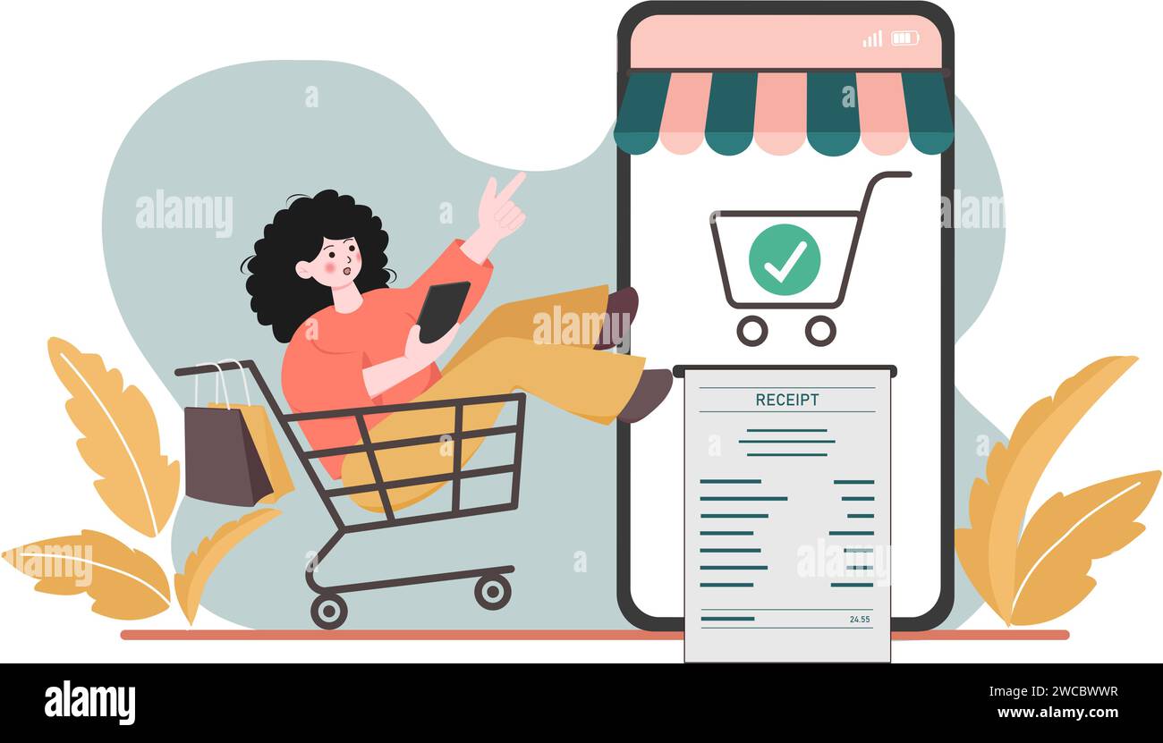 Woman with telephone in her hands buys goods in online store. Shopping ...