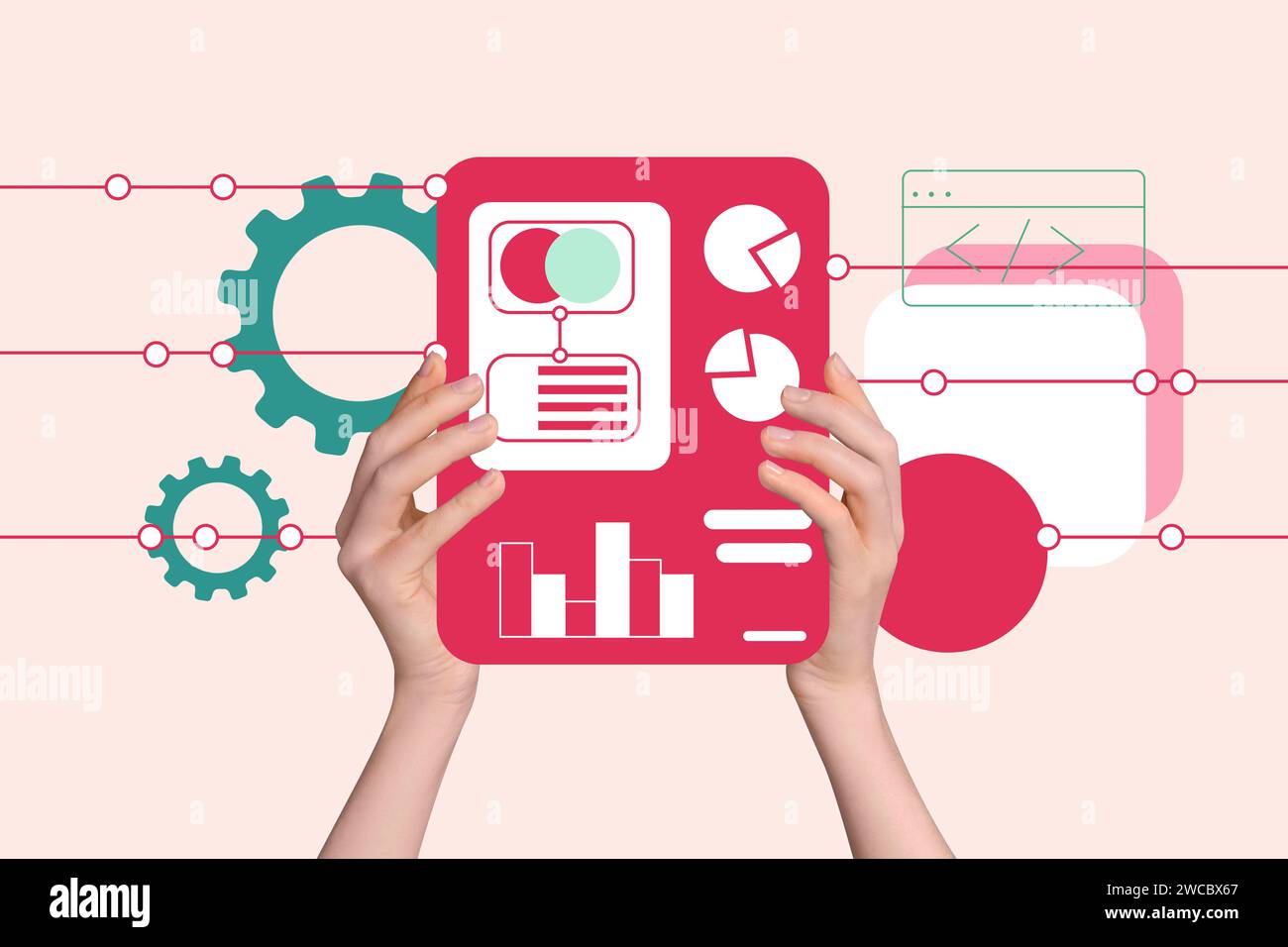 Horizontal abstract contemporary drawing collage photo with hands ...