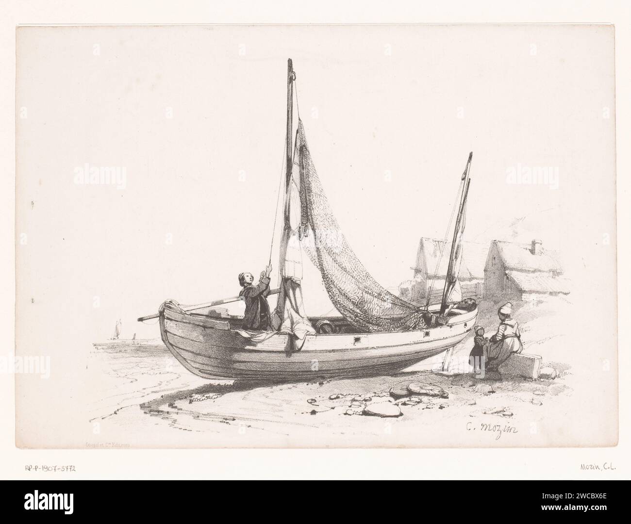 Sailing ship on the beach, Charles Louis Mozin, 1850 - 1884 print Paris ...