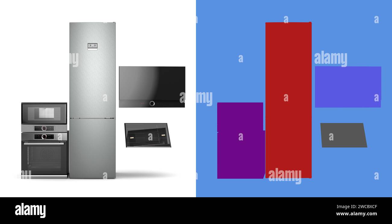 Modern built in kitchen appliances set front view 3d render on white ...