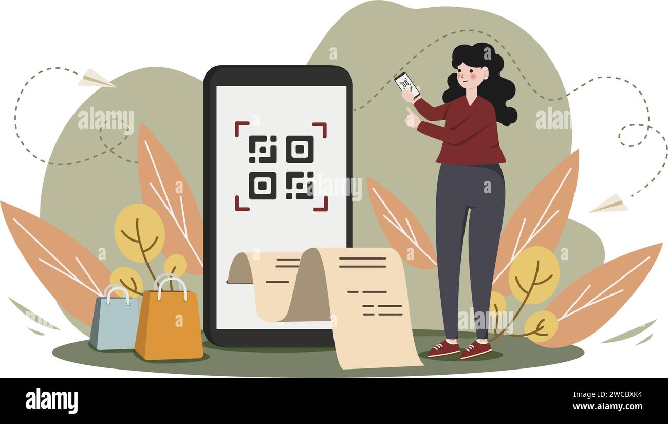 Customer use mobile cashless payment system or scan qr code. Characters using digital banking ...