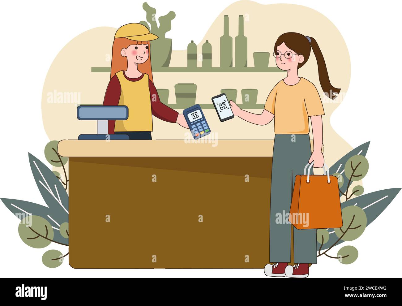 Customer use mobile cashless payment system or scan qr code. Characters ...