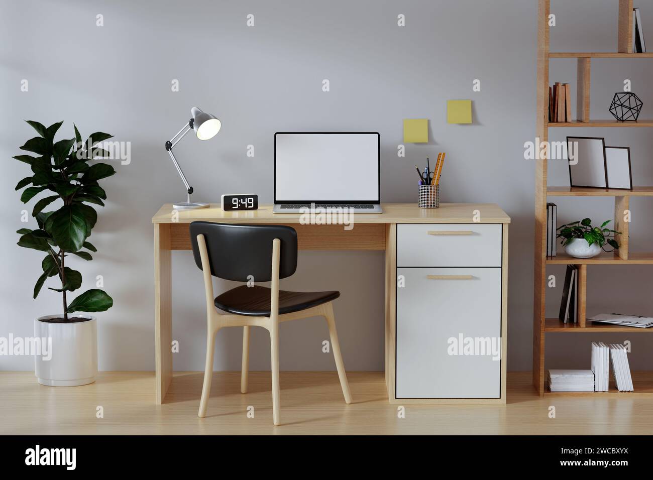 3D render of interior modern living room workspace with desk and ...