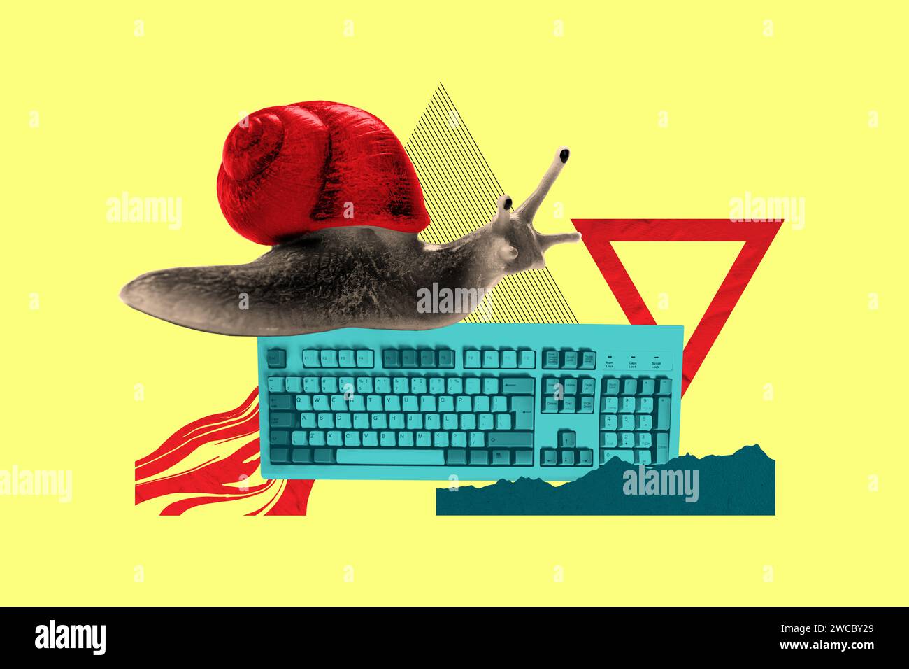 Bizarre colorful collage of lazy worker snail working slow typing ...