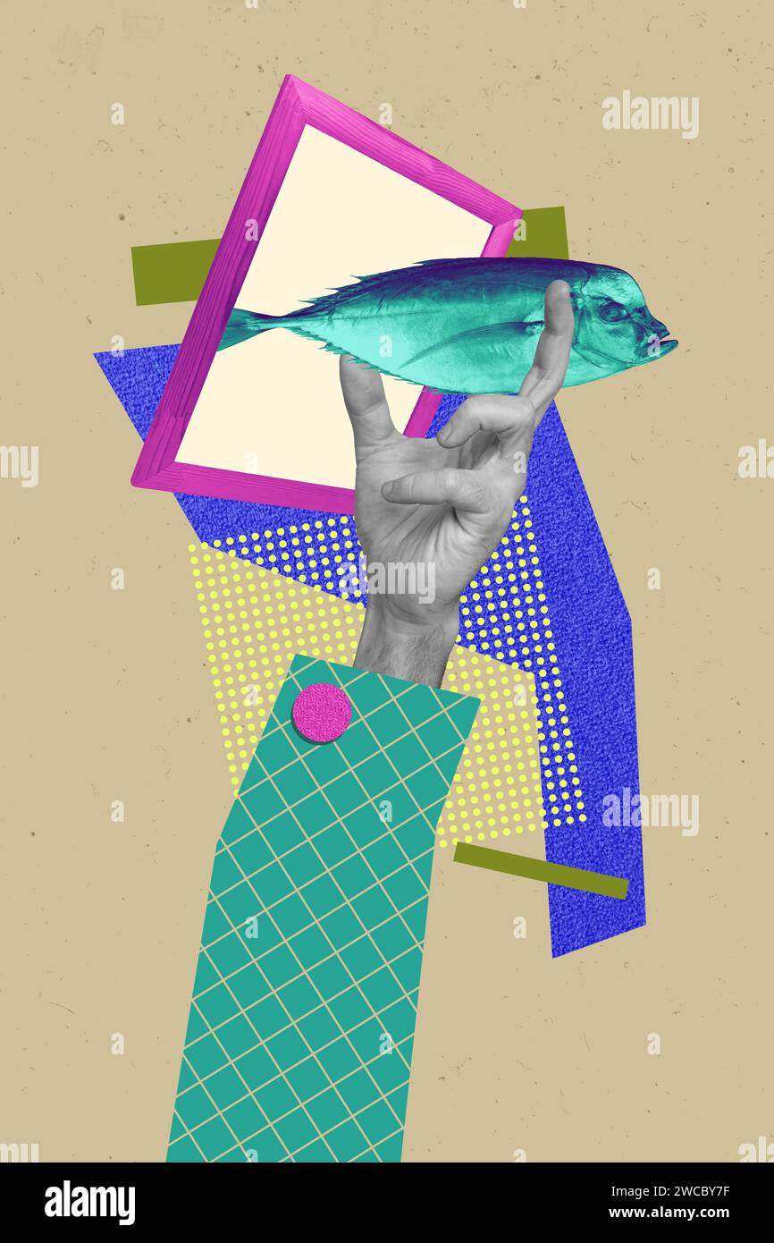 3d retro abstract creative artwork template collage of hand hold fish ...