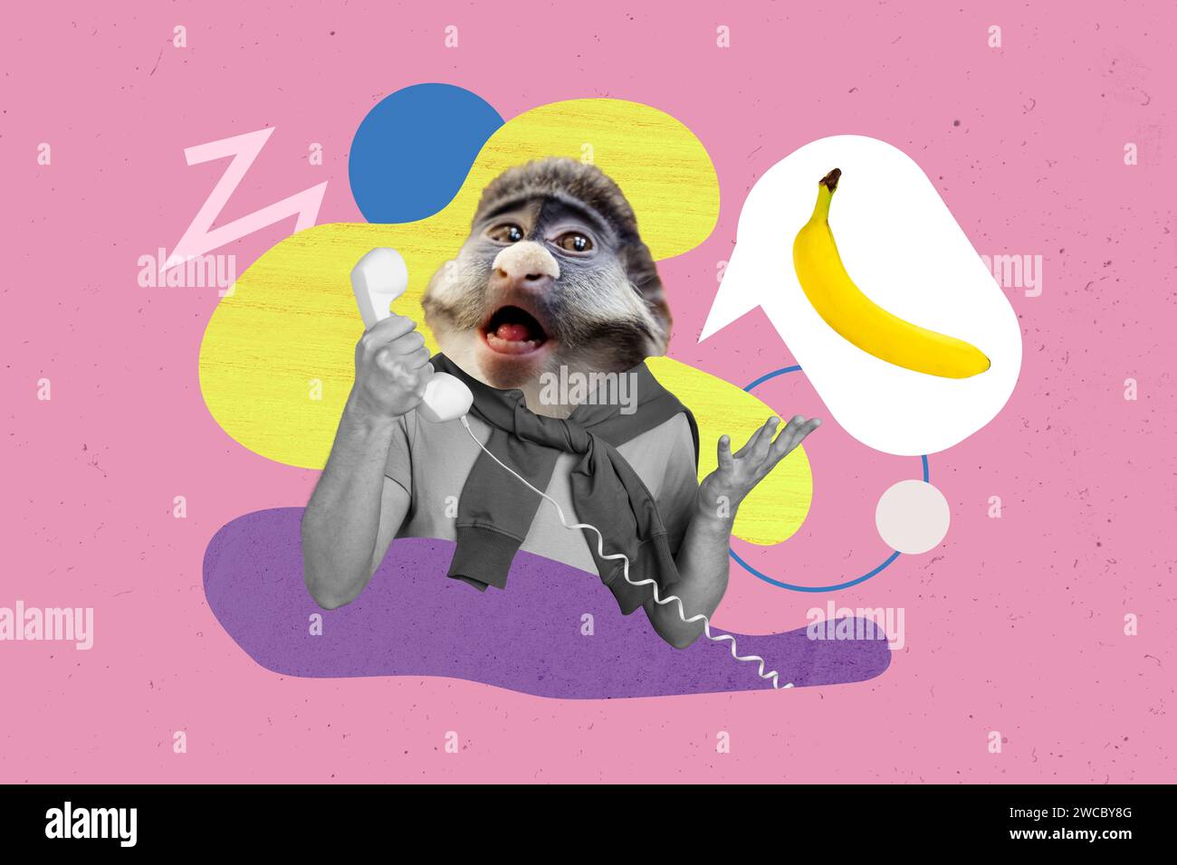 Composite collage picture image of funny man monkey head think banana ...