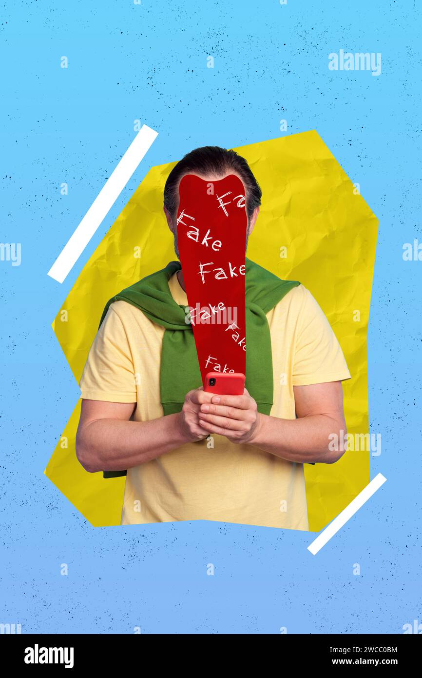 Vertical collage picture of man use smart phone head absorb fakes read ...