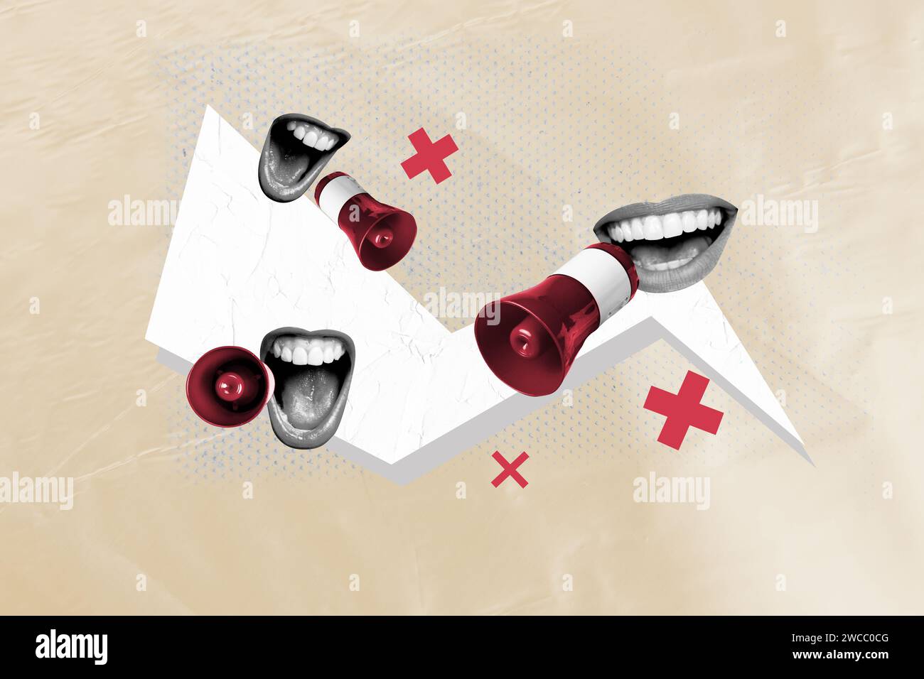 Composite collage image of mouths yelling screaming each other holding ...