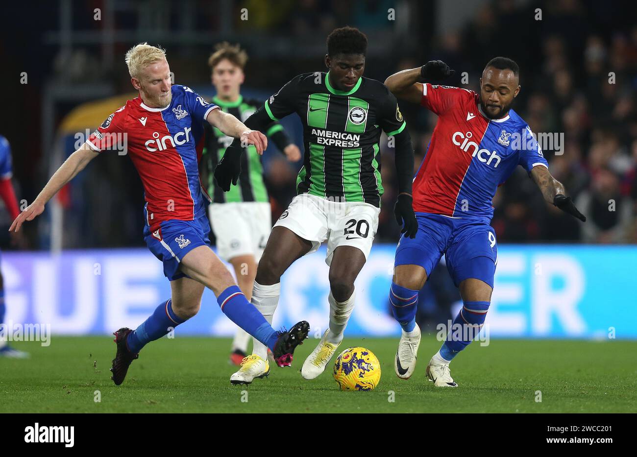 Carlos Baleba of Brighton & Hove Albion battles with Jordan Ayew & Will ...