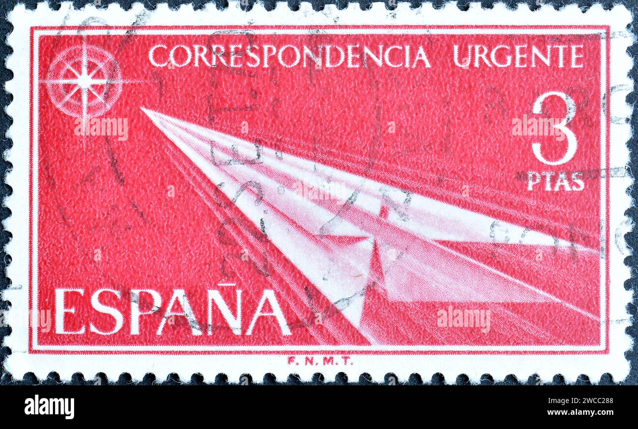 Cancelled postage stamp printed by Spain, that shows Paper airplane ...
