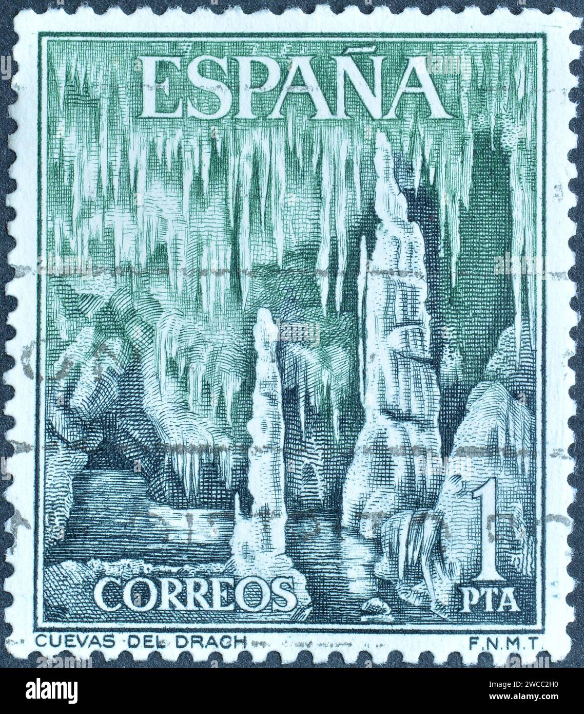 Cancelled postage stamp printed by Spain, that shows Drach Cave ...