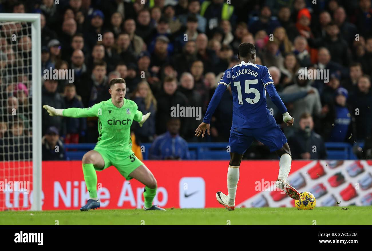 Nicolas Jackson of Chelsea has a shot on goal go wide one on one with ...