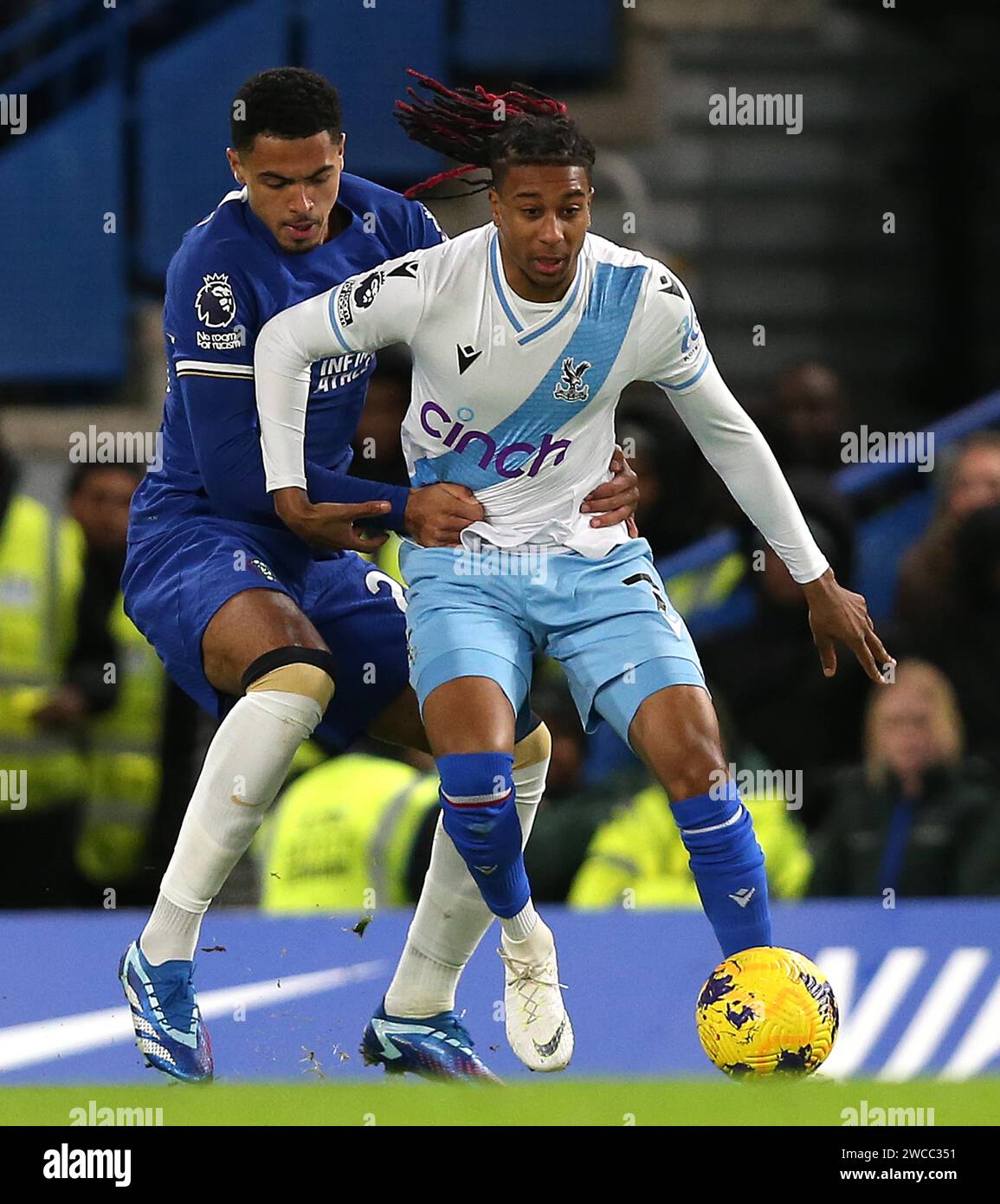 Michael Olise of Crystal Palace battles Levi Colwill of Chelsea ...