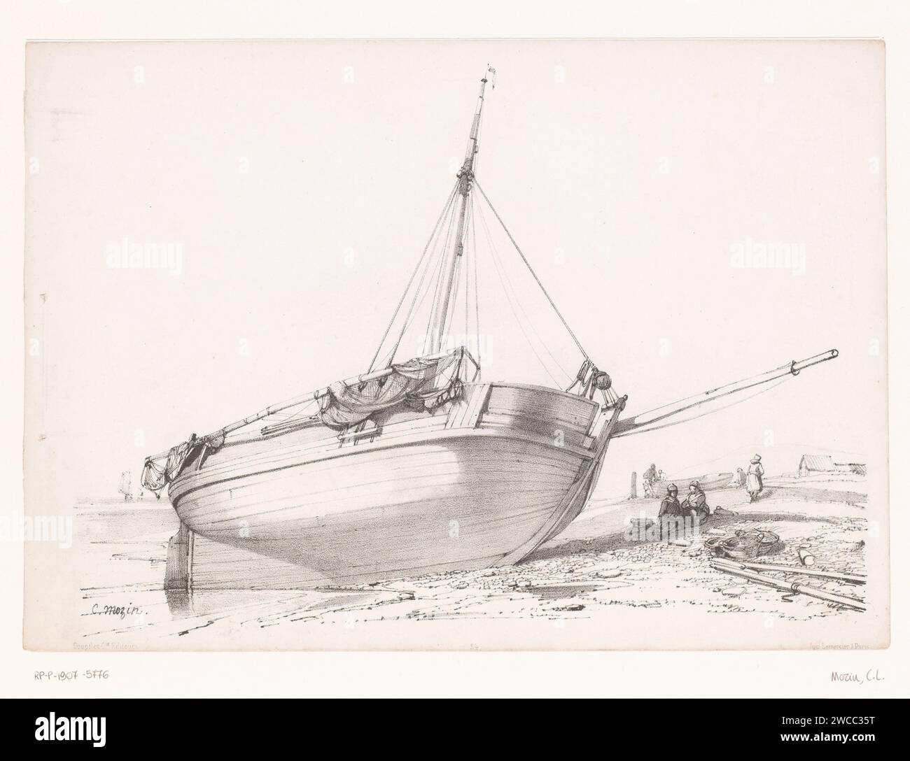 Sailing ship on the beach, Charles Louis Mozin, 1850 - 1884 print Paris ...